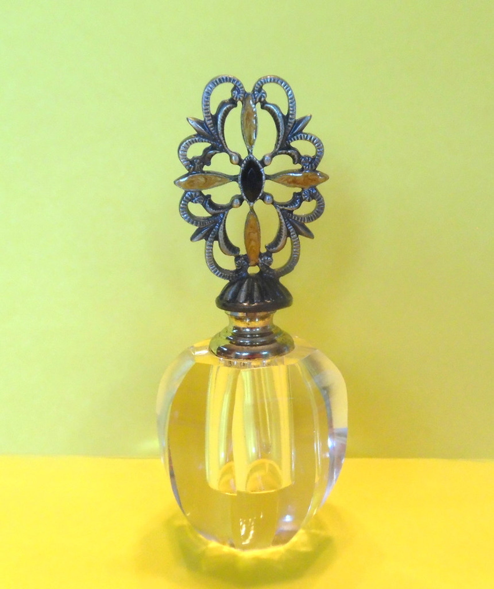 Cut GLASS PERFUME BOTTLE Octagon Dauber Brass Openwork Enamel - Etsy