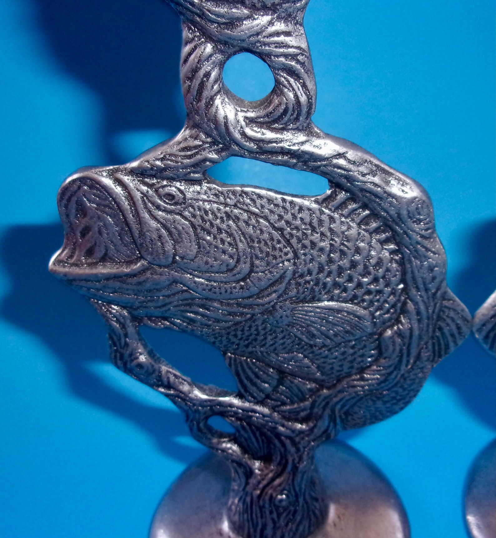 PEWTER FISH CANDLESTICKS Koi Trout Pair Vintage Detailed Open Mouth ...