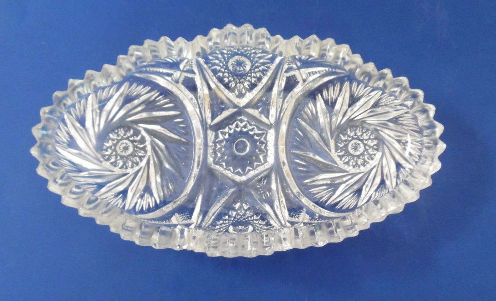 AMERICAN BRILLIANT RELISH Dish Antique Hand Deep Cut Crystal Saw Tooth ...