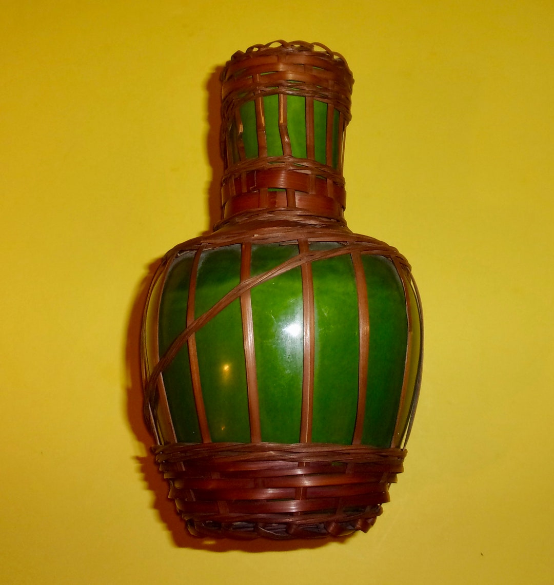 AWAJI WARE VASE Japan Antique Asian Woven Wicker Bamboo Emerald Green ...