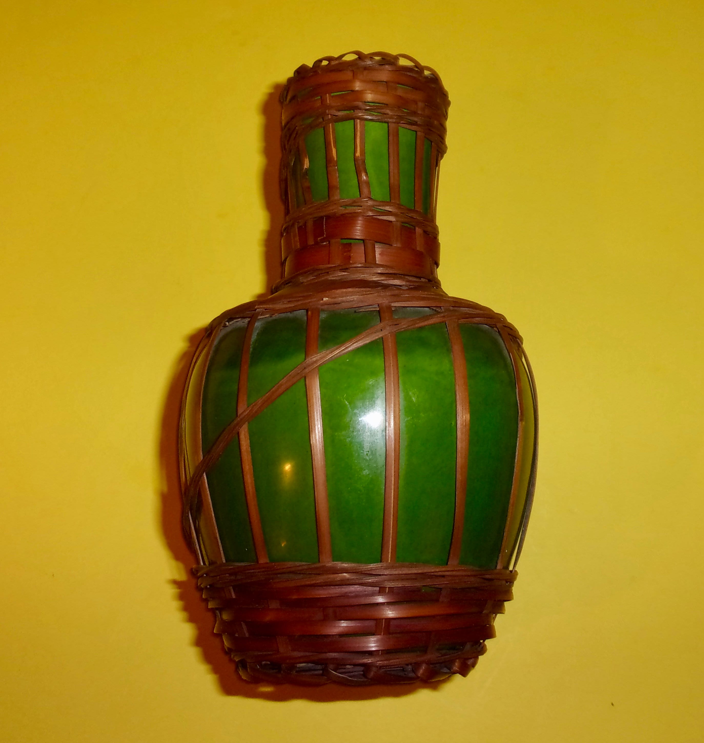 AWAJI WARE VASE Japan Antique Asian Woven Wicker Bamboo Emerald Green ...