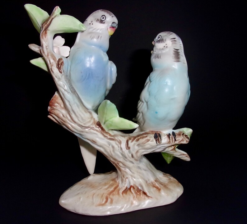 PARAKEETS FIGURINE on BRANCH Pair Blue Flowering Leaves - Etsy