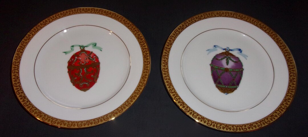 GOLD BUFFET FABERGE Egg Motif Plates Set Two Royal Gallery Made Sri ...