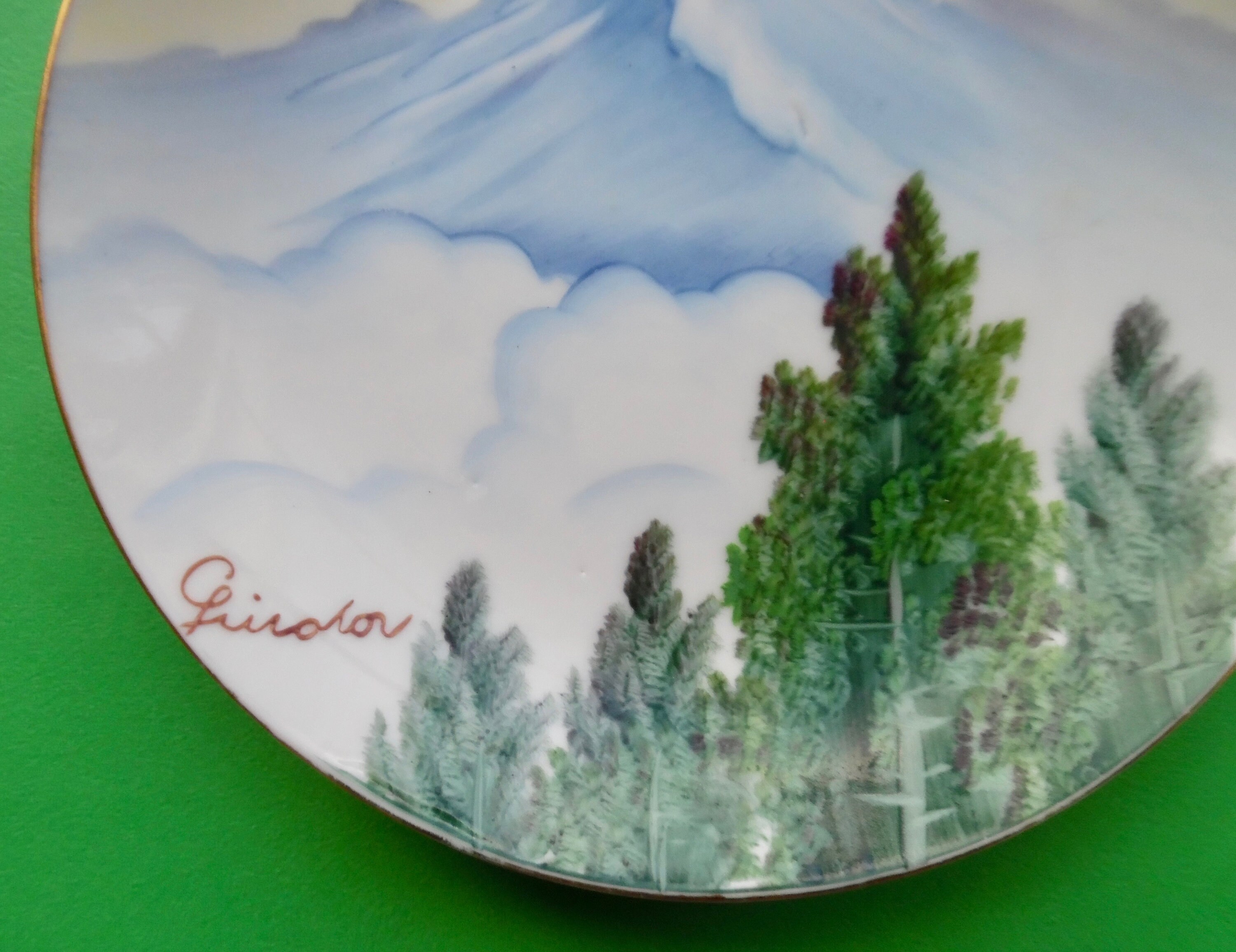 MOUNTAIN PEAK PLATE Trees Clouds Signed Porcelain Vintage Hand - Etsy
