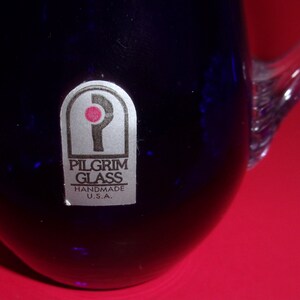 PILGRIM GLASS PITCHER Cobalt Handmade U.S.A. Vintage Clear Applied ...