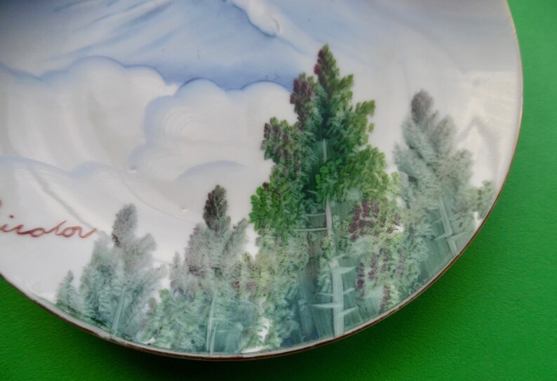 MOUNTAIN PEAK PLATE Trees Clouds Signed Porcelain Vintage Hand | Etsy