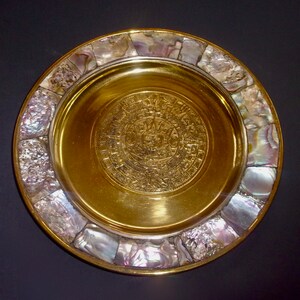 BRASS MAYAN CALENDAR Abalone Mosaic Shell Hanging Vintage Mexico Aztec ...