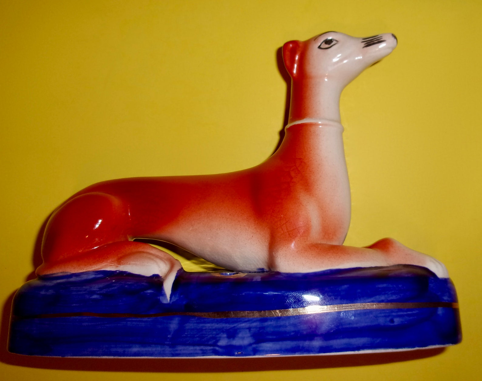 WHIPPET PEN HOLDER Antique Vintage Porcelain Quill Tan Blue Gilt Base ...