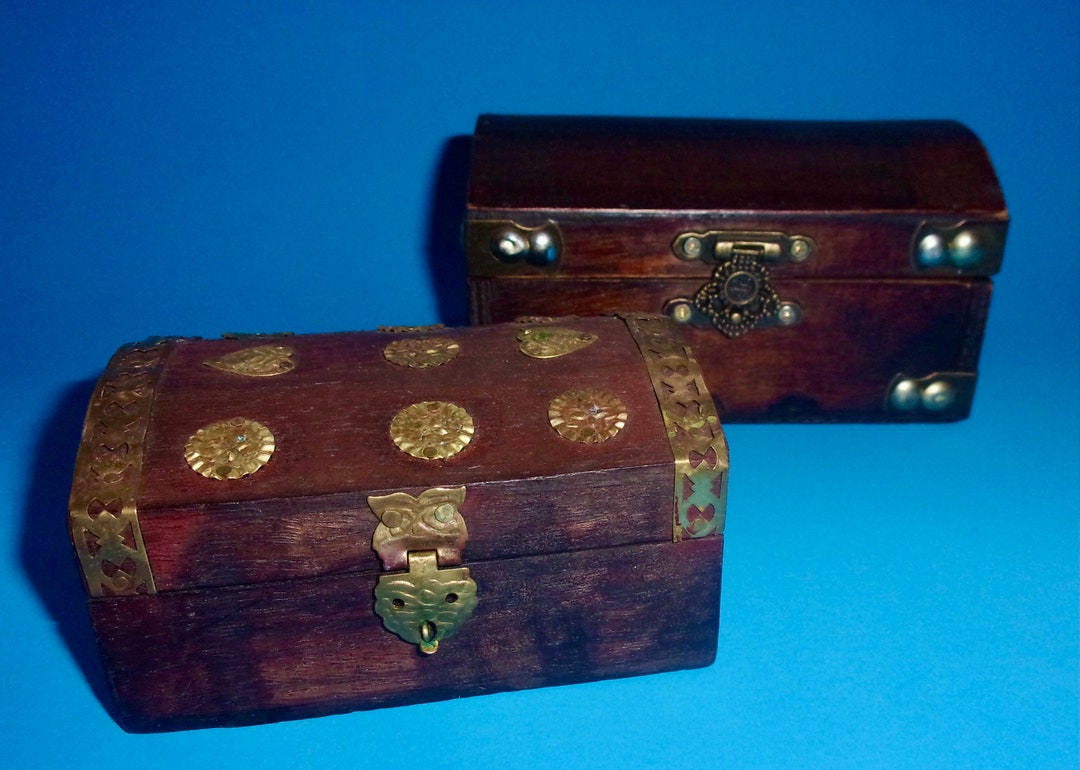 TREASURE PIRATE CHESTS Pair Two Vintage Mini Small Wood Brass Stamped ...
