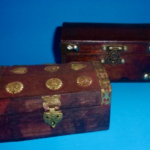 TREASURE PIRATE CHESTS Pair Two Vintage Mini Small Wood Brass Stamped ...