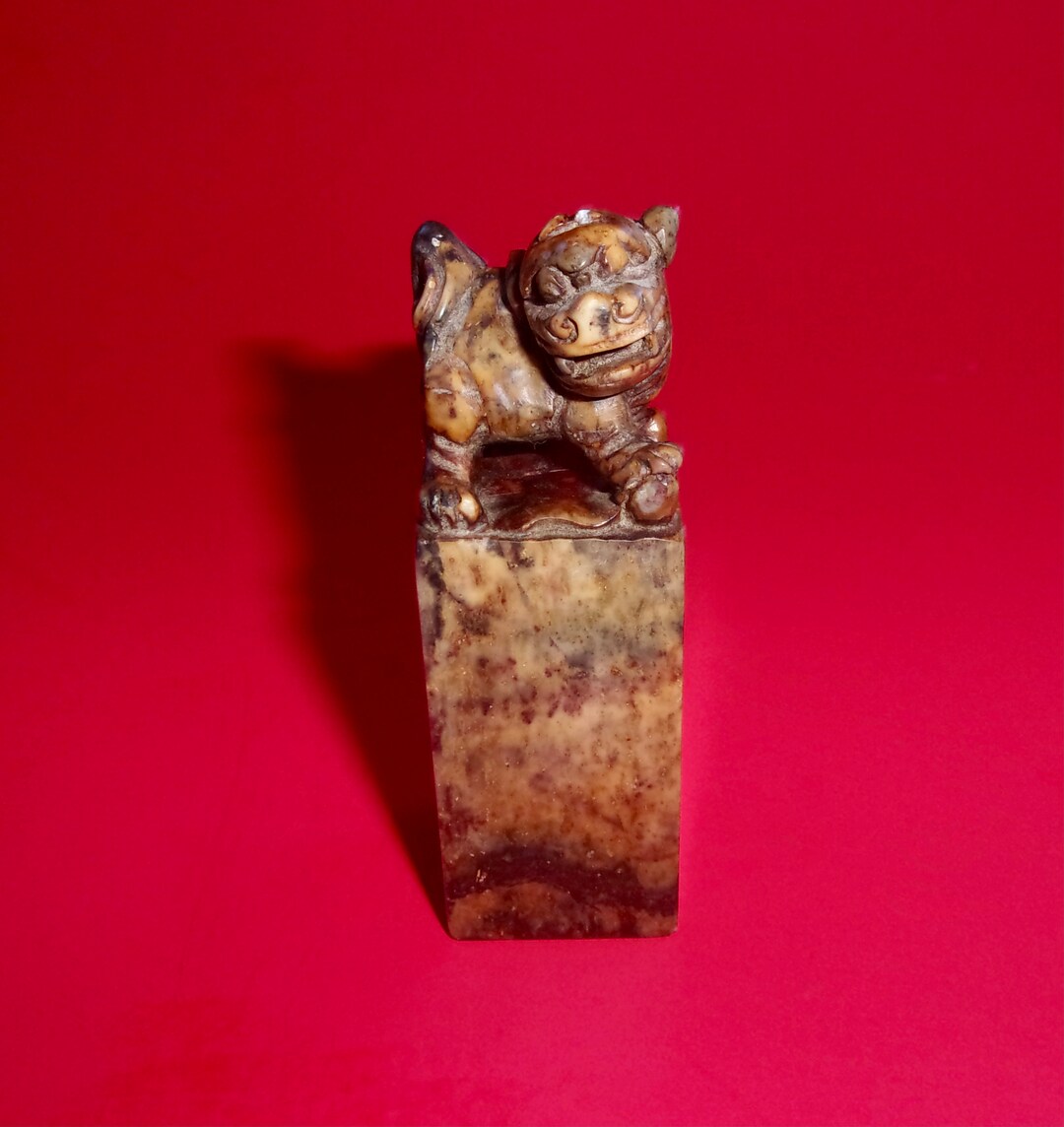MINIATURE FOO DOG Squared Column Antique Vintage Single Carved Brown ...