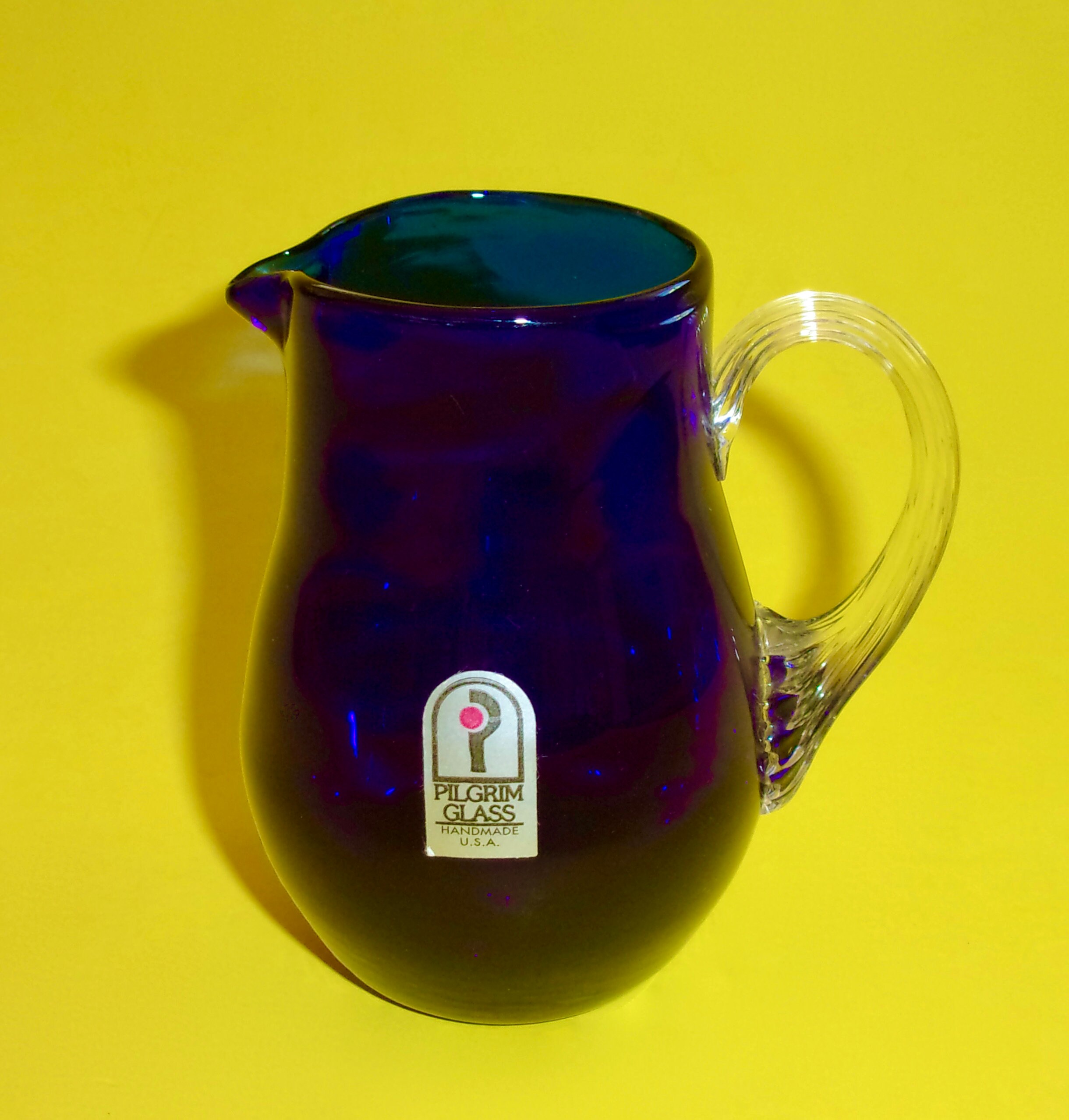 PILGRIM GLASS PITCHER Cobalt Handmade U.S.A. Vintage Clear Applied ...