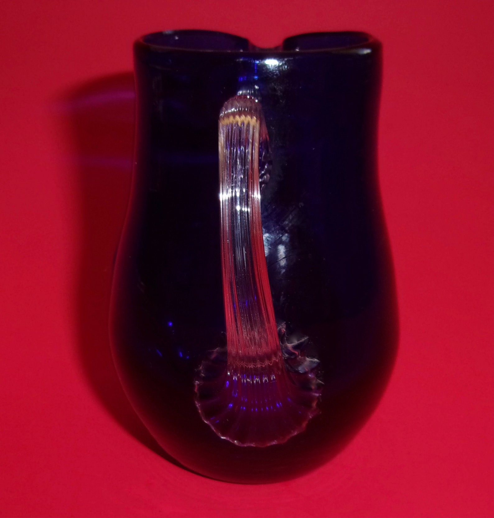PILGRIM GLASS PITCHER Cobalt Handmade U.S.A. Vintage Clear Applied ...