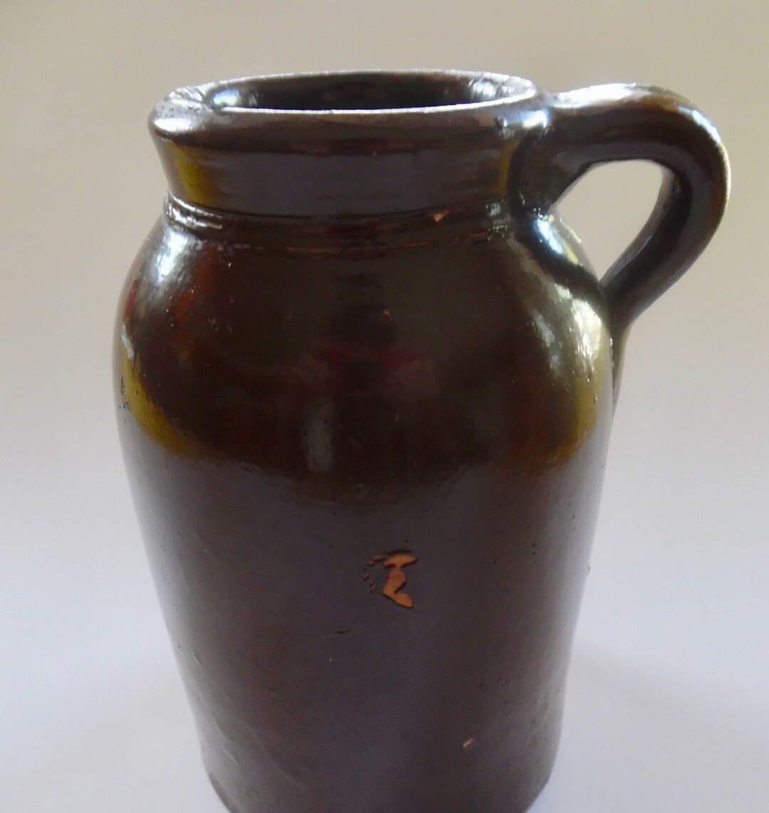 ANTIQUE STONEWARE JUG Crock Brown Pottery Salt Glaze Applied Handle ...
