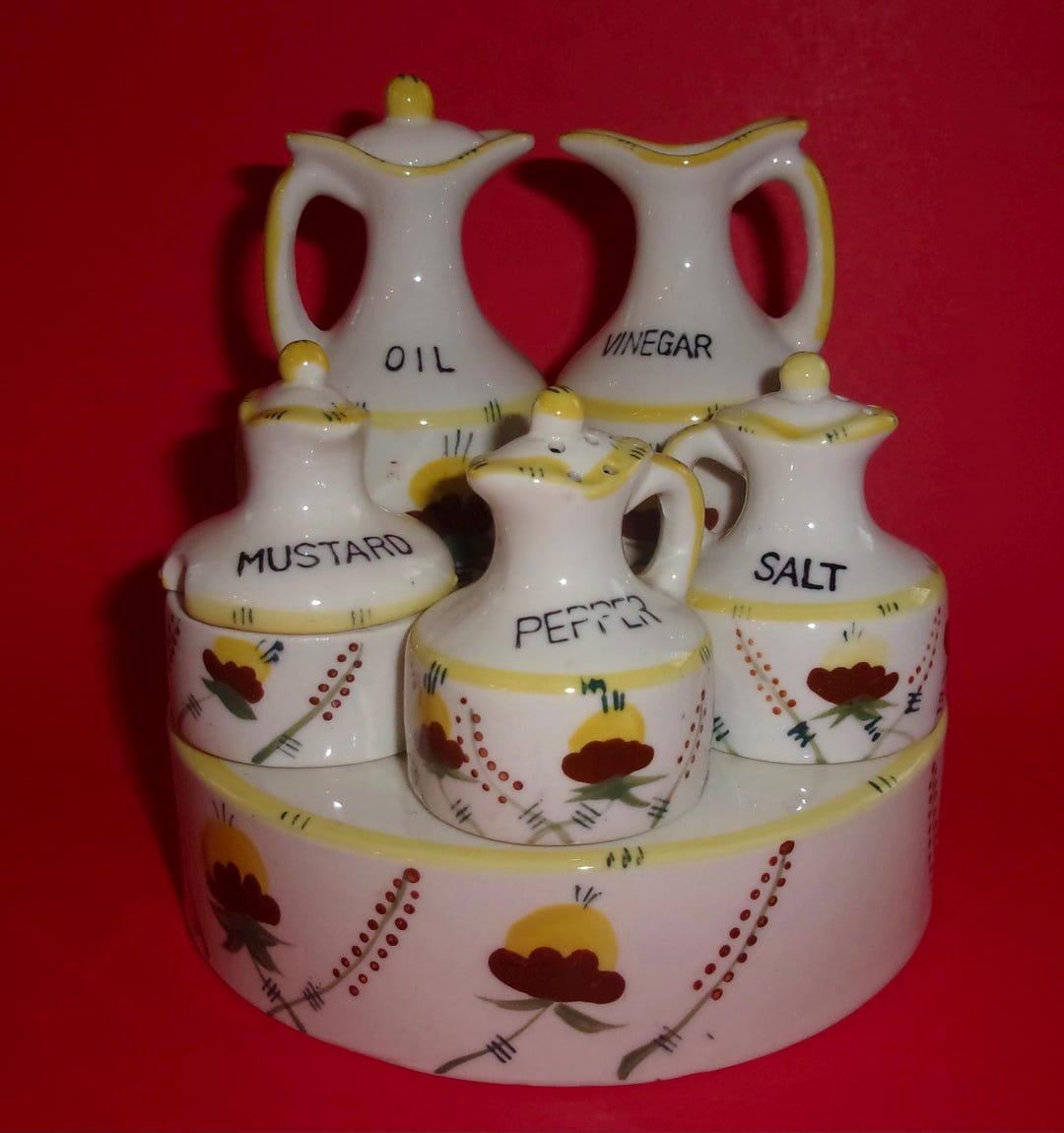 CONDIMENT SET 1950's Ceramic Eight Piece Includes Two Lids Base Holder ...