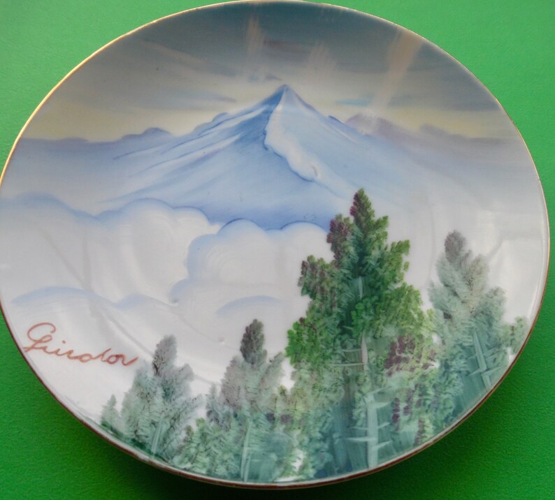 MOUNTAIN PEAK PLATE Trees Clouds Signed Porcelain Vintage Hand | Etsy