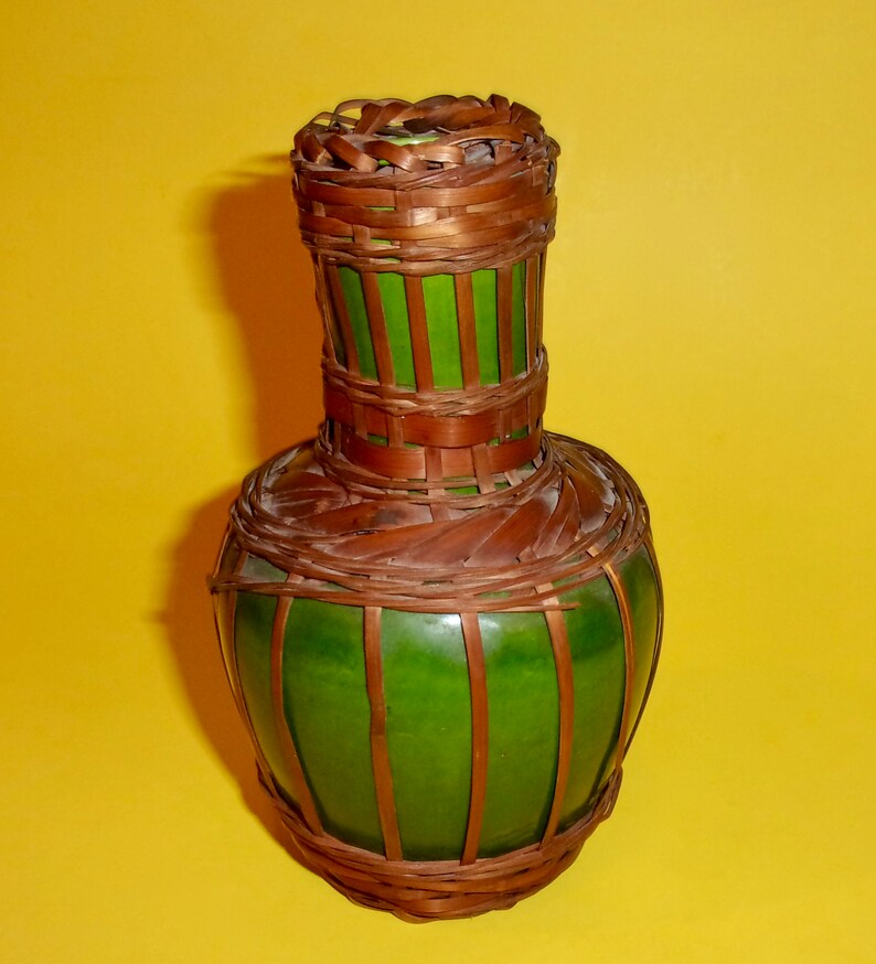 AWAJI WARE VASE Japan Antique Asian Woven Wicker Bamboo Emerald Green ...