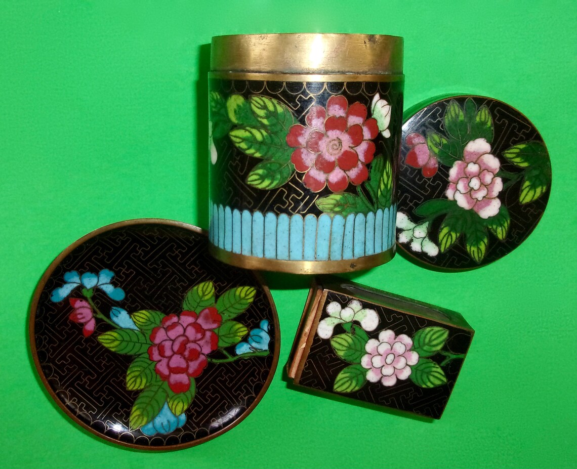 CLOISONNE CIGARETTE MATCHBOX Ashtray Dish Three 3 Piece Set | Etsy
