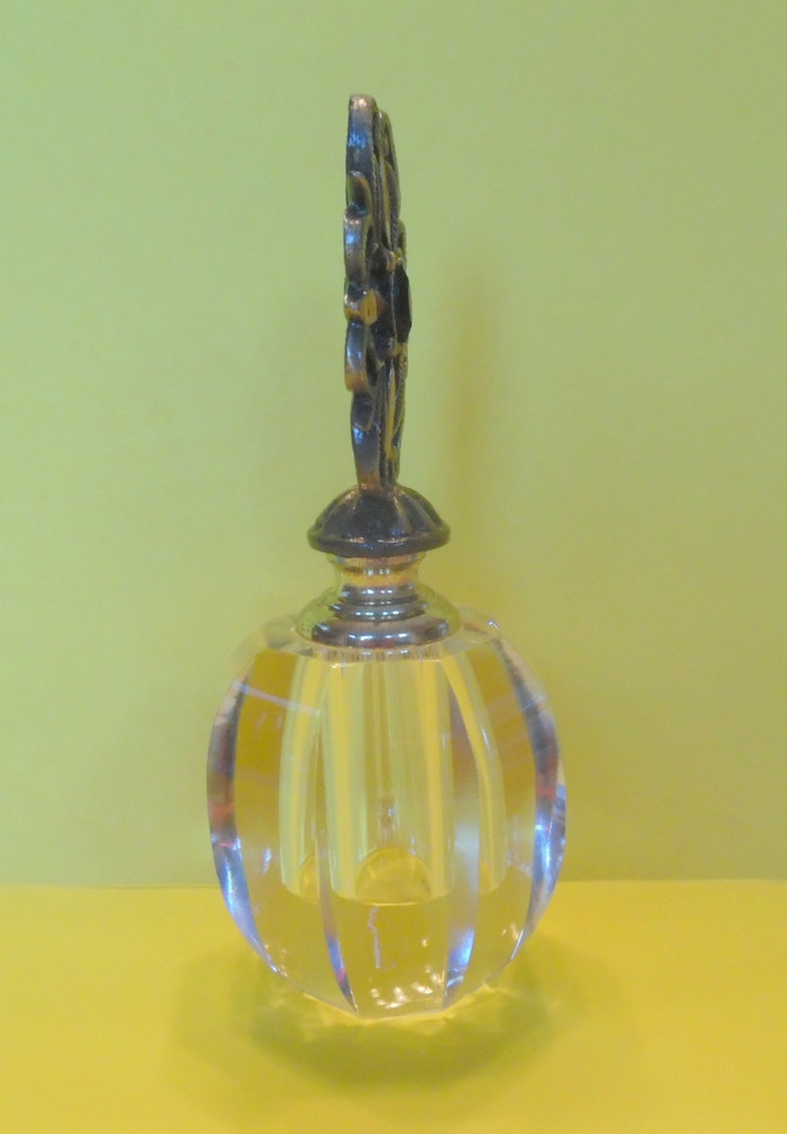 Cut GLASS PERFUME BOTTLE Octagon Dauber Brass Openwork Enamel Floral ...