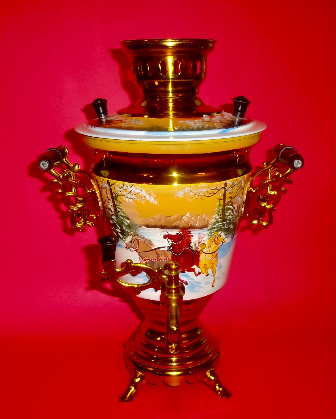 RUSSIAN SAMOVAR ELECTRIC Hand Painted Woman Driving Horses Snow Capped ...