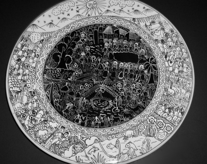 PEDRO MARCOS PLATE Signed Black White Lacquered Painted Wood Plate Folk ...