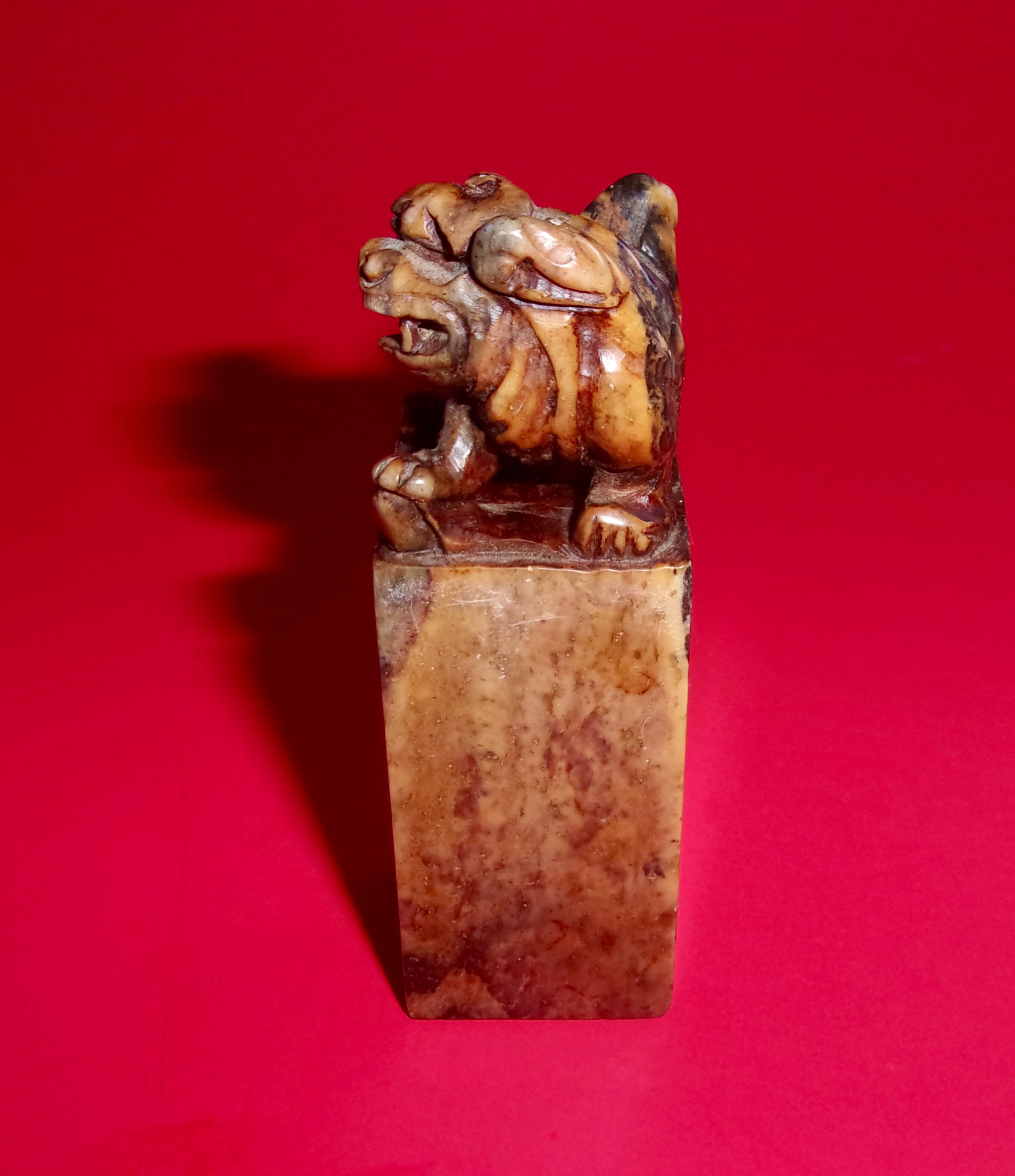 MINIATURE FOO DOG Squared Column Antique Vintage Single Carved Brown ...