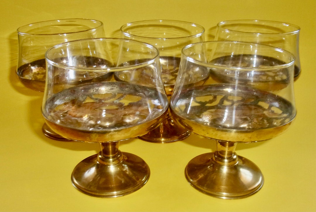 BRASS GLASS COMPOTE Bowls Set of Five 5 Set Cut Out Filigree Fish ...