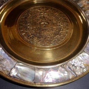 BRASS MAYAN CALENDAR Abalone Mosaic Shell Hanging Vintage Mexico Aztec ...