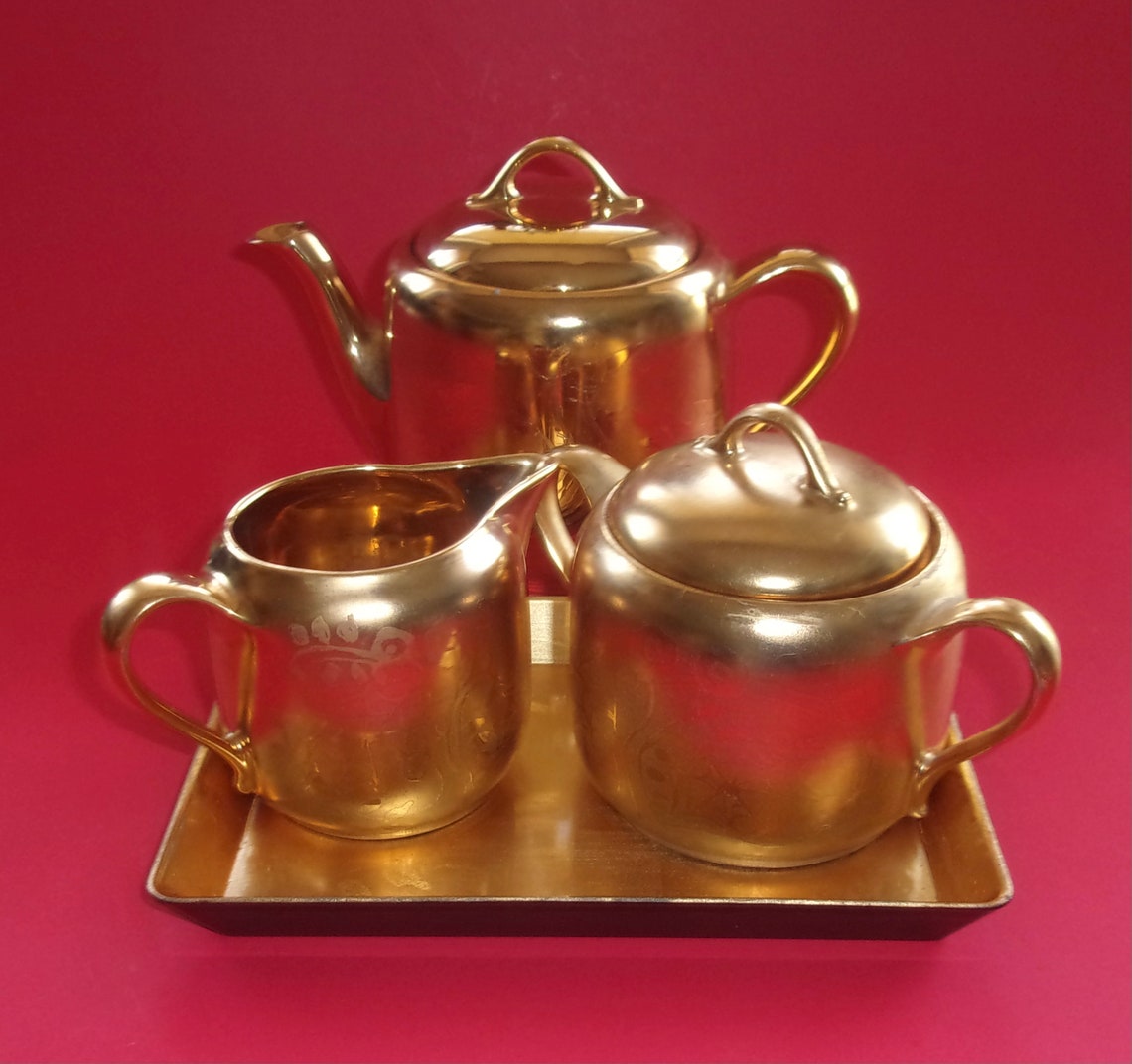GOLD ENCRUSTED TEA Set Porcelain Teapot Sugar Creamer Interior | Etsy
