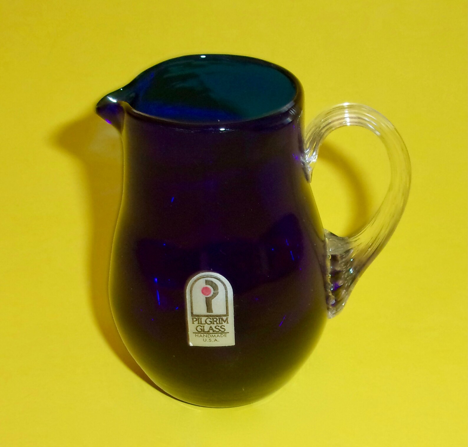 PILGRIM GLASS PITCHER Cobalt Handmade U.S.A. Vintage Clear Applied ...