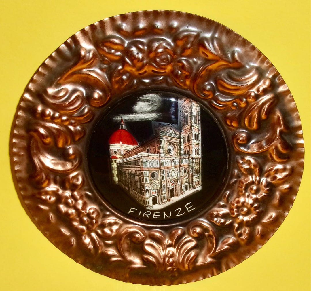 FIRENZE ITALY SOUVENIR Porcelain Tile Embossed Floral Scrolls Copper ...