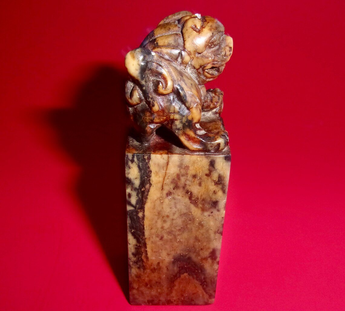 MINIATURE FOO DOG Squared Column Antique Vintage Single Carved Brown ...