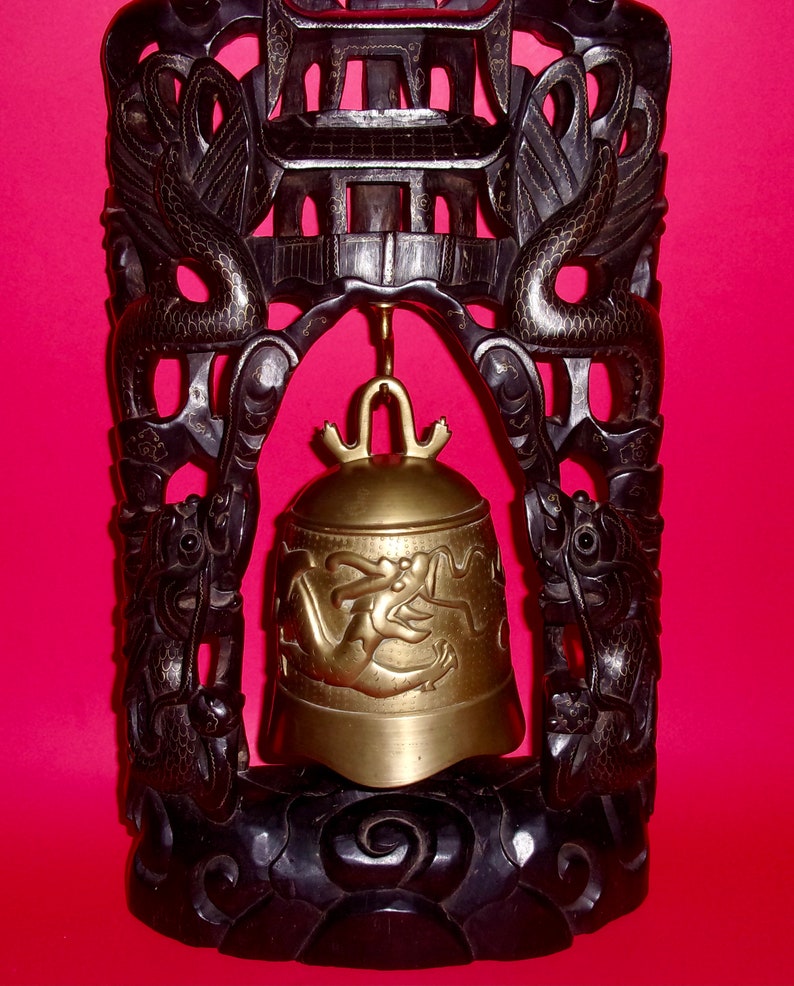TEMPLE BELL WOOD Frame Brass Mahogany Hand Carved Chinese Double ...