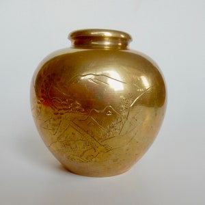 JAPANESE BRASS VASE Solid Engraved Scene Landscape Mountains Homes ...