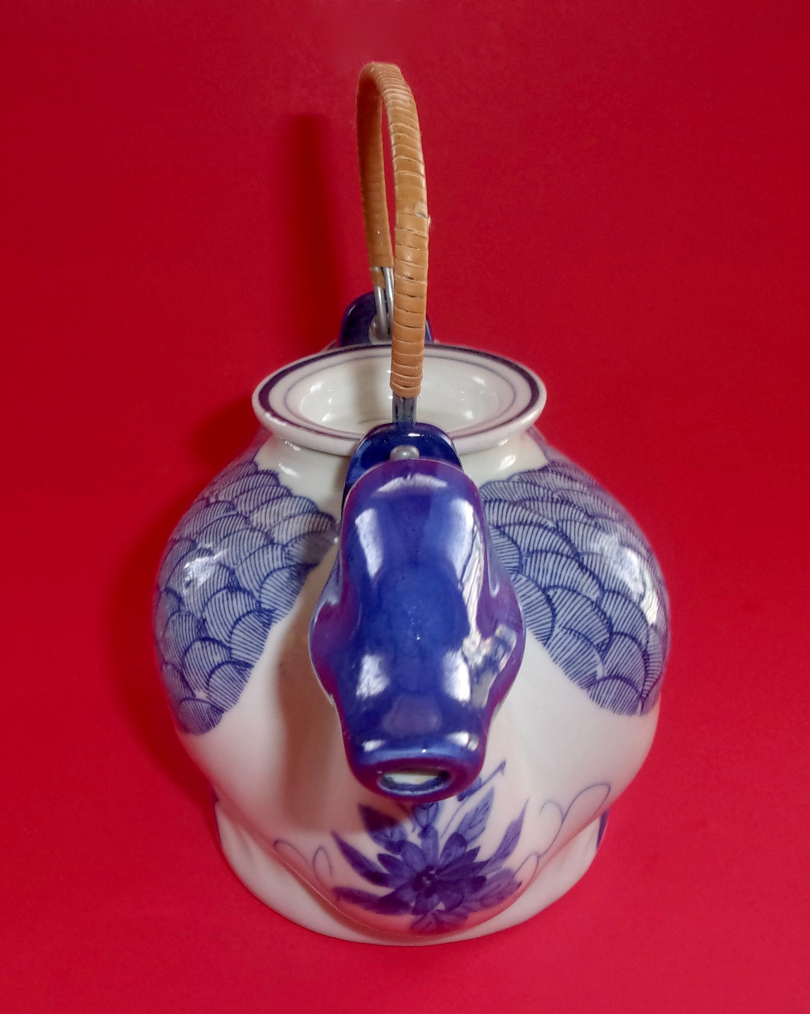 BLUE MALLARD TEAPOT White Vintage China Metal Bamboo Handle Hand ...