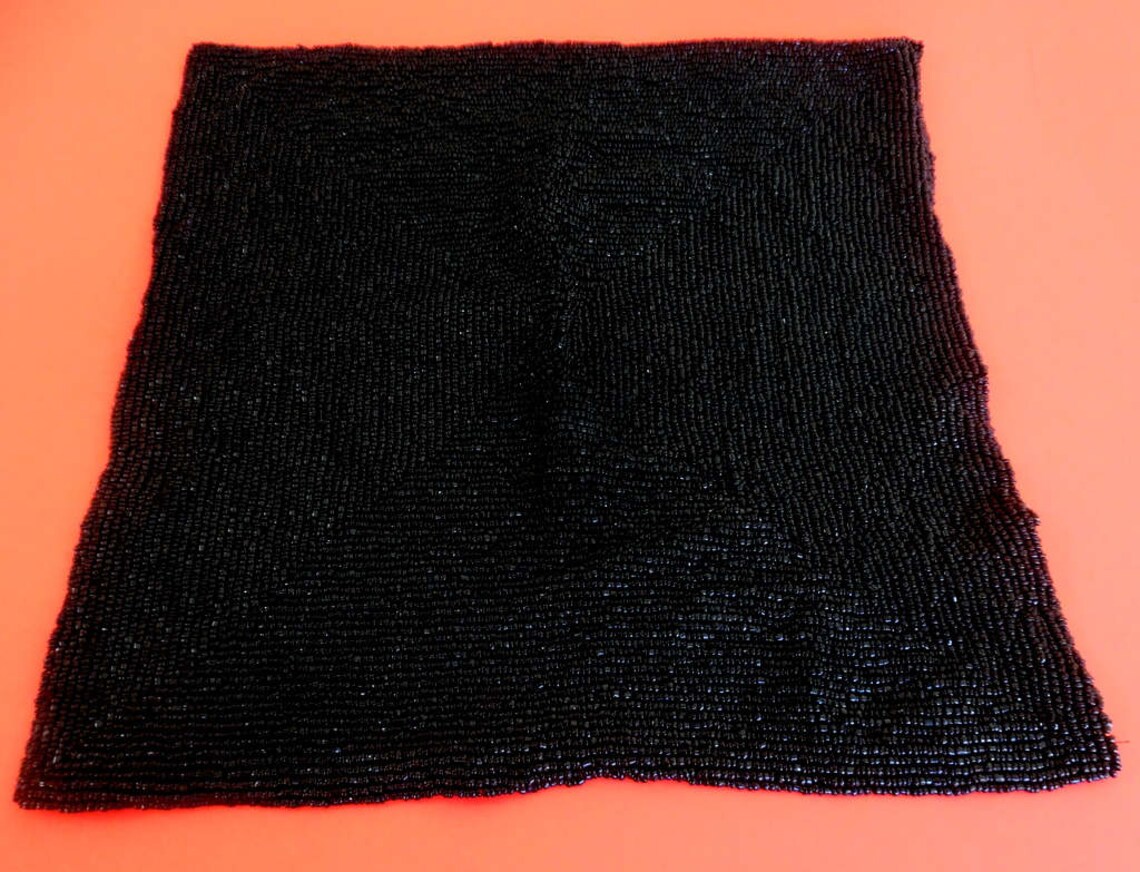 BLACK Glass SEED BEAD Panel Square Repurpose Jewelry Clothes Purse Tote ...