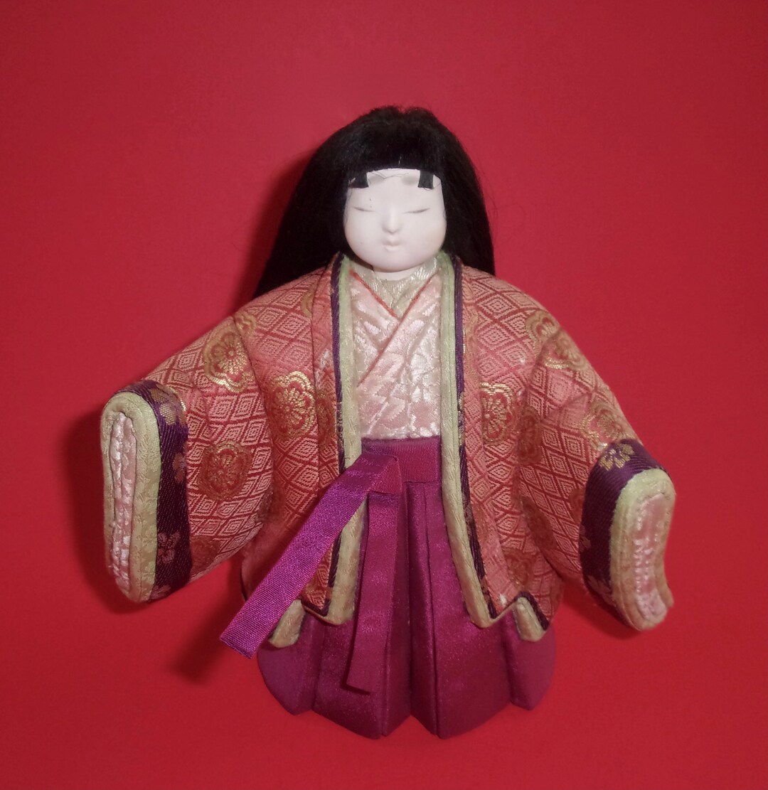 KIMEKOMI GOFUN DOLL Vintage Long Black Hair Floral Silk Brocade Hand ...