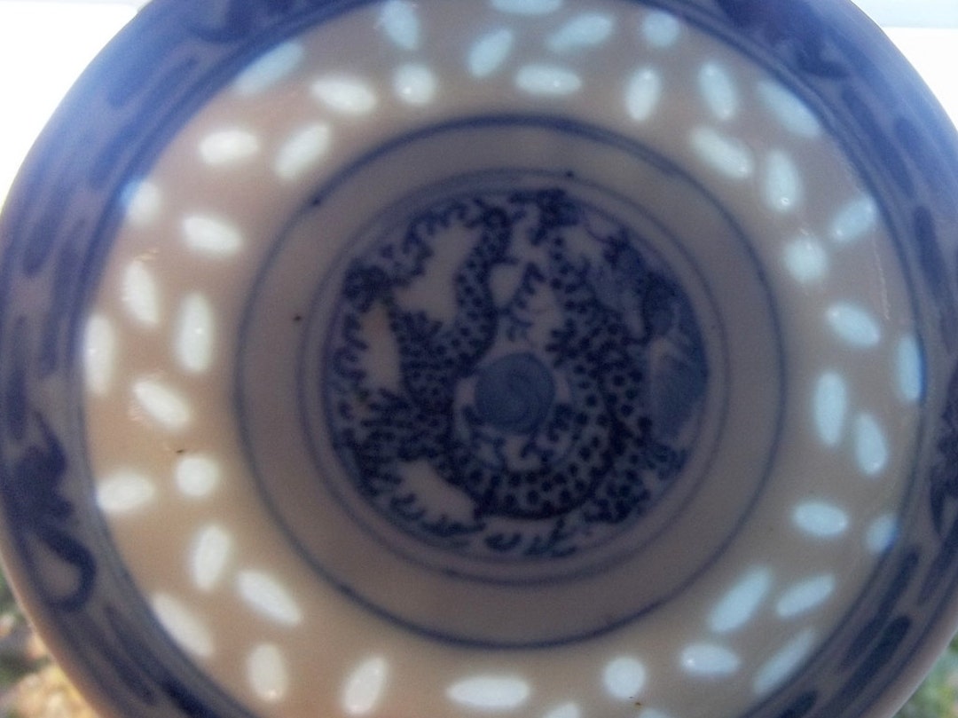 Antique Chinese RICE PATTERN Dragon Birds BOWL Lid Ring Stand Signed ...