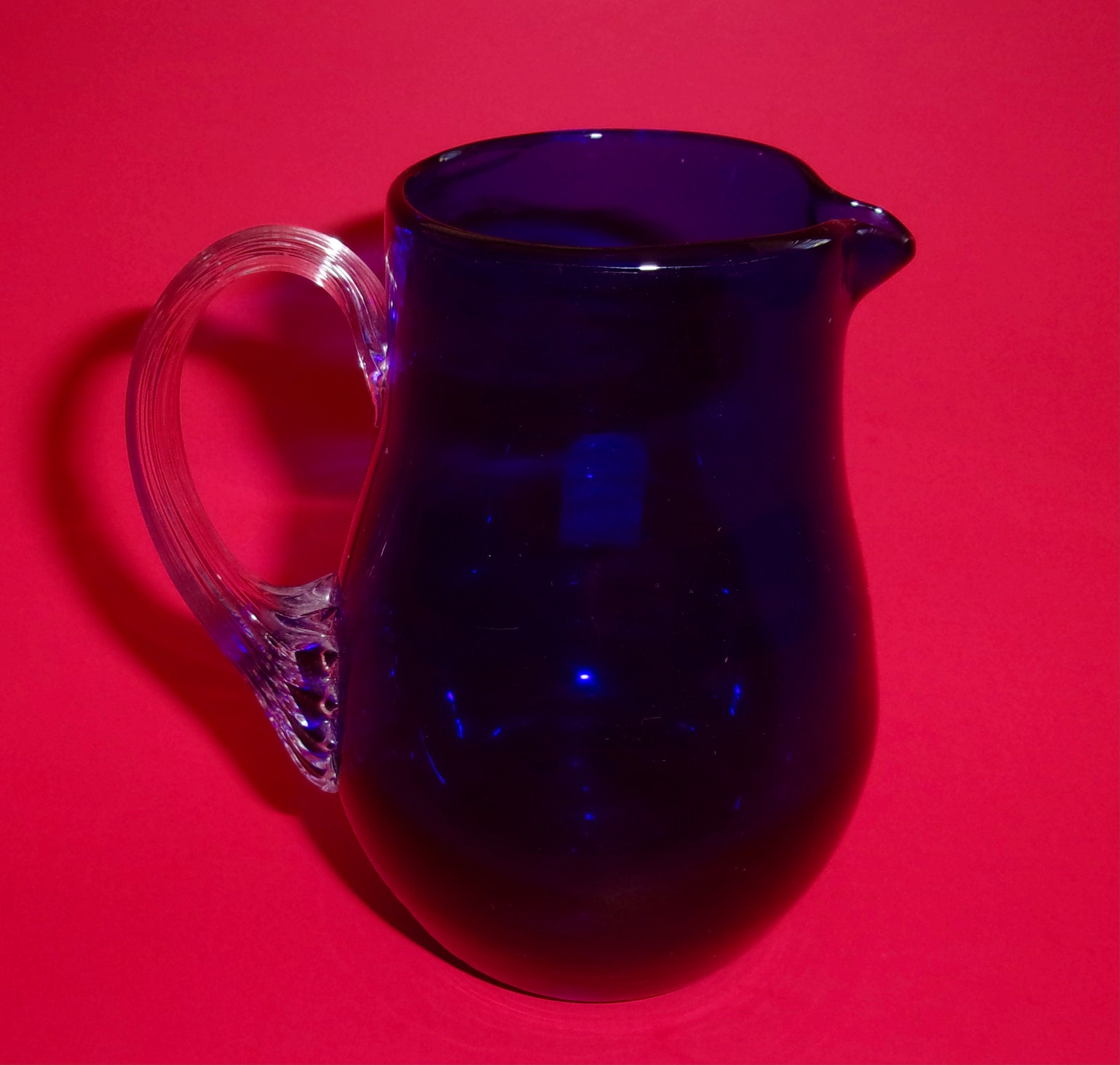 PILGRIM GLASS PITCHER Cobalt Handmade U.S.A. Vintage Clear Applied ...