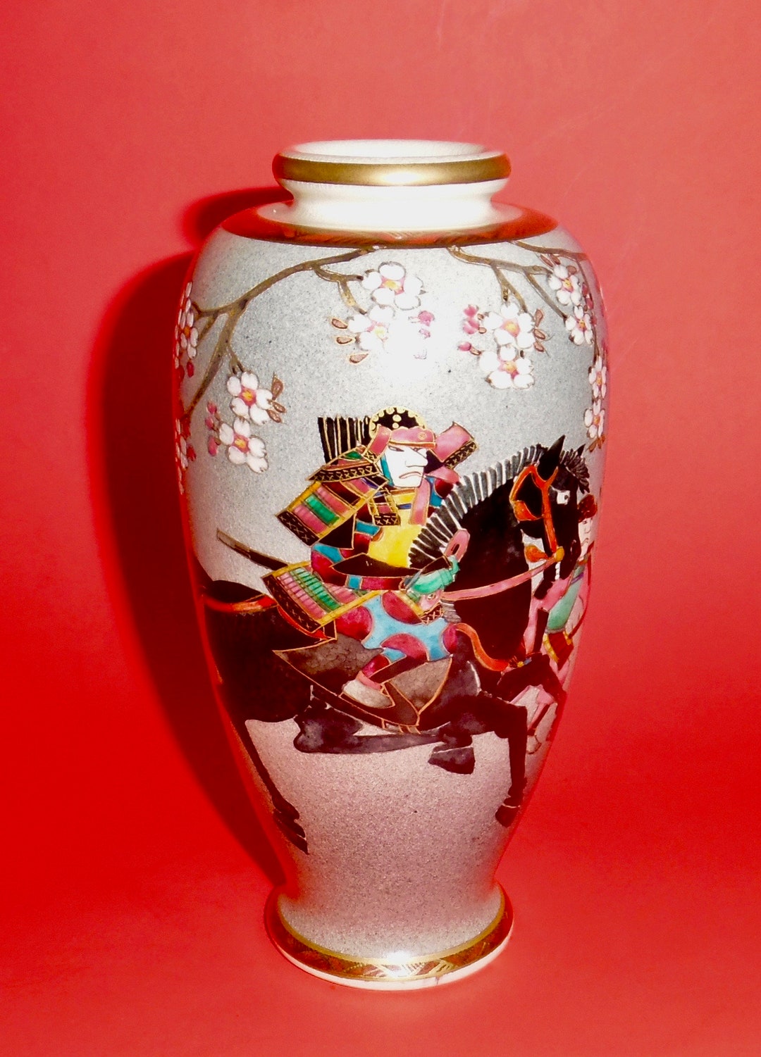 ANTIQUE SATSUMA VASE Pottery Samurai Black Horse Cherry Blossoms Signed ...