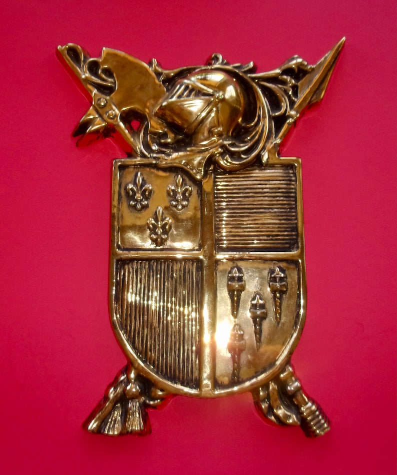 COAT OF ARMS Chalkware Plaster Vintage Heavy Gilt Knight Helmet Sword ...