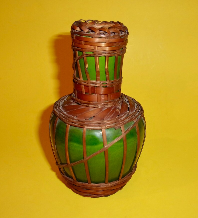 AWAJI WARE VASE Japan Antique Asian Woven Wicker Bamboo Emerald Green ...