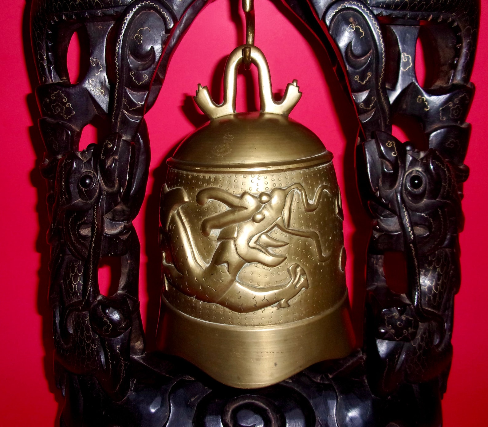 TEMPLE BELL WOOD Frame Brass Mahogany Hand Carved Chinese Double ...