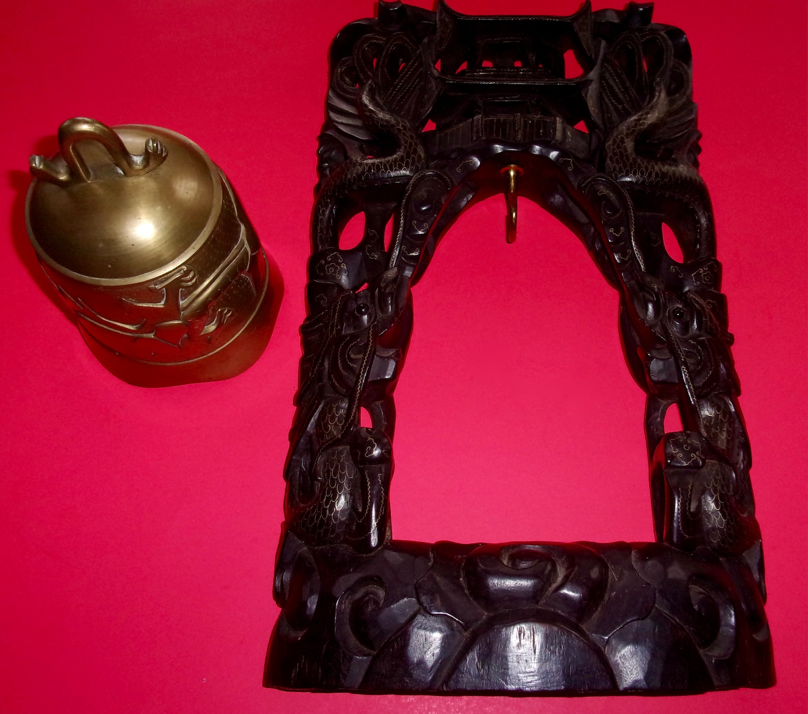 TEMPLE BELL WOOD Frame Brass Mahogany Hand Carved Chinese Double ...