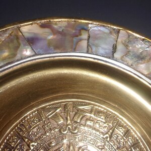 BRASS MAYAN CALENDAR Abalone Mosaic Shell Hanging Vintage Mexico Aztec ...