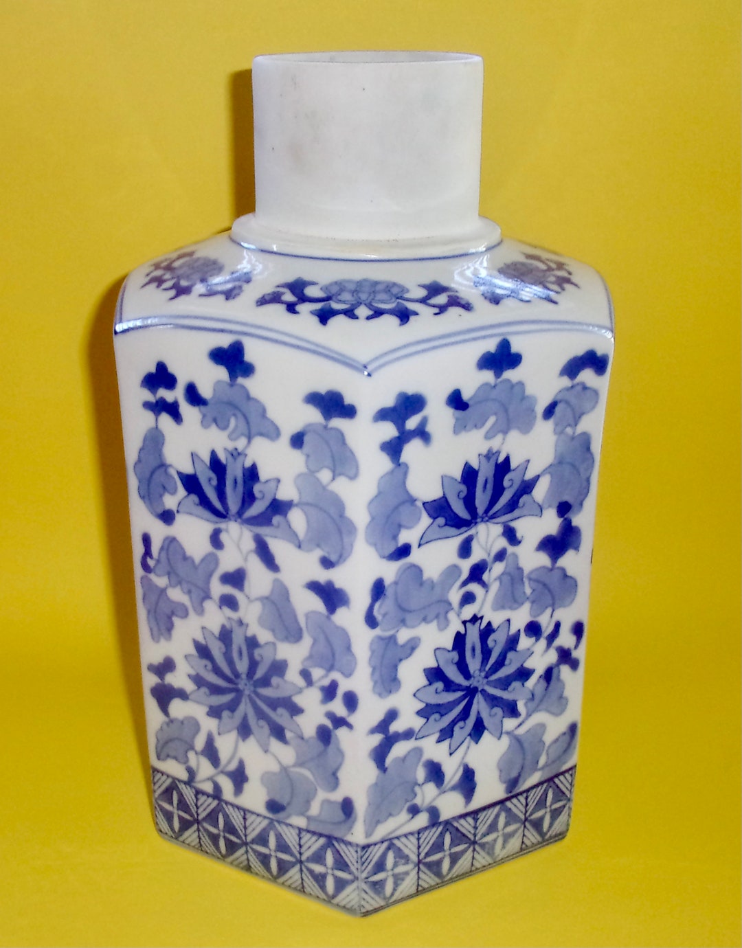 CHINESE TEA CADDY Large Hexagon Pottery Ceramic Blue White Floral ...