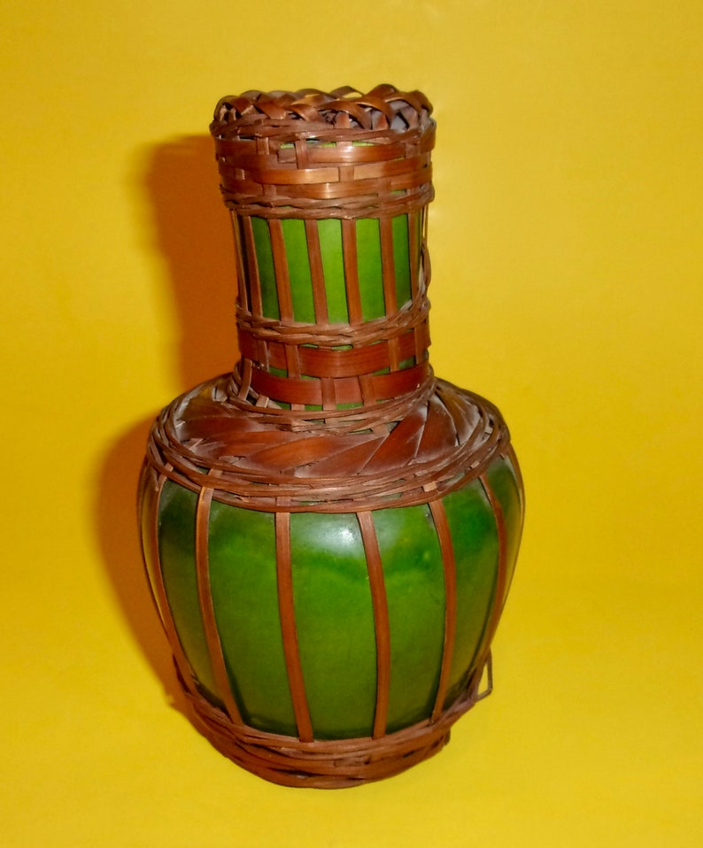 AWAJI WARE VASE Japan Antique Asian Woven Wicker Bamboo Emerald Green ...