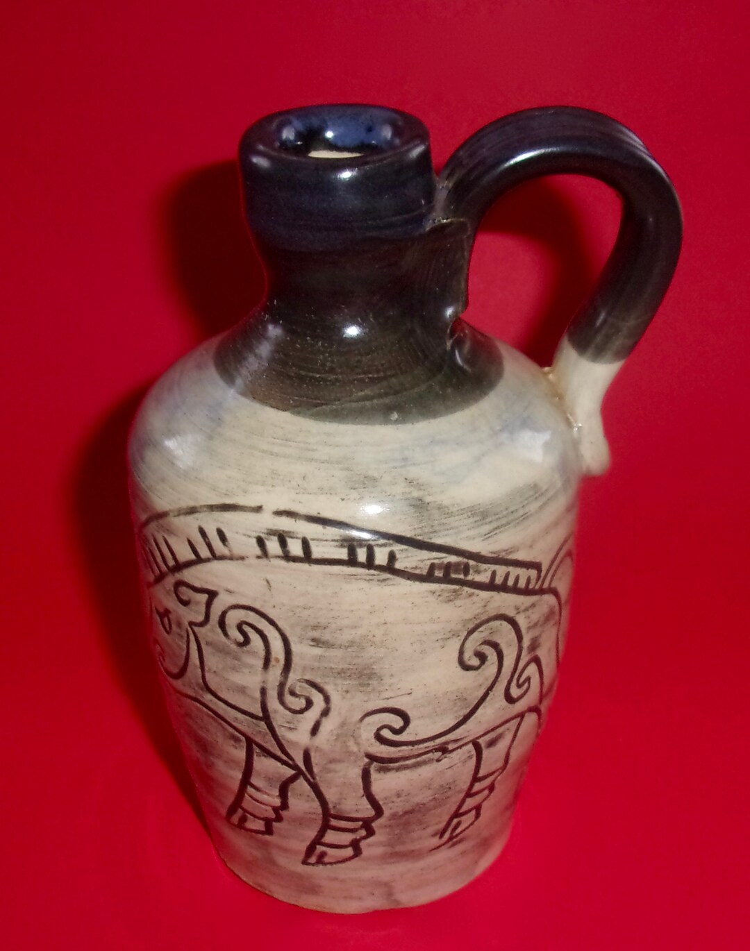 EUROPEAN POTTERY JUG Carved Wild Boars Standoff Design Crest Stamped ...