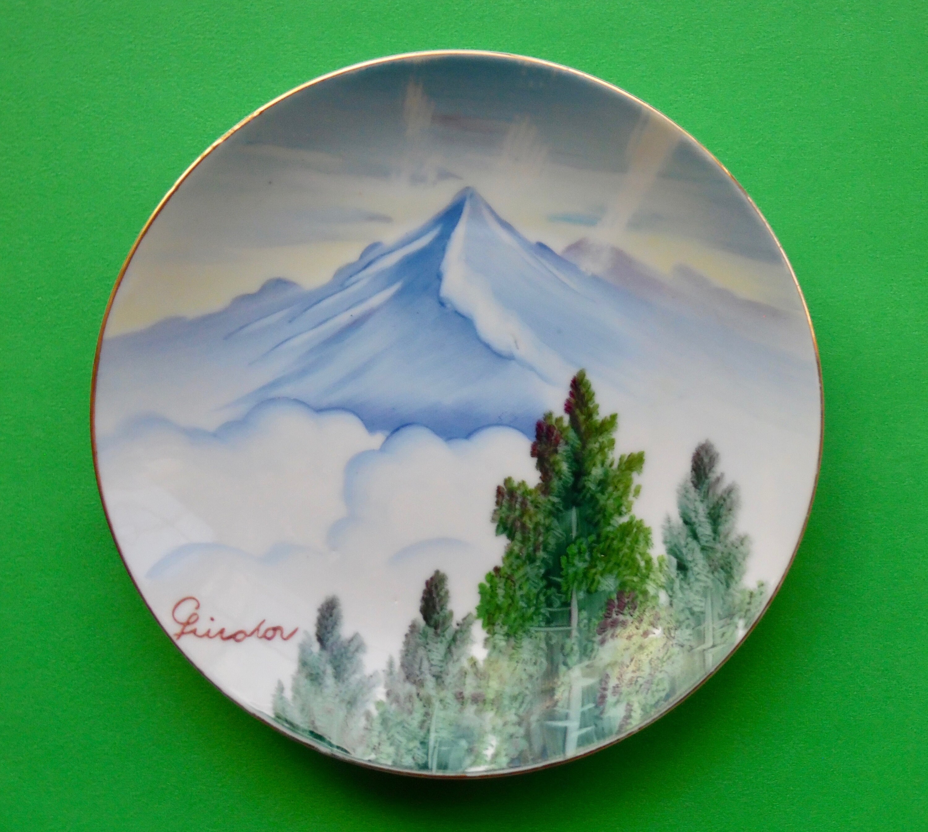 MOUNTAIN PEAK PLATE Trees Clouds Signed Porcelain Vintage Hand - Etsy