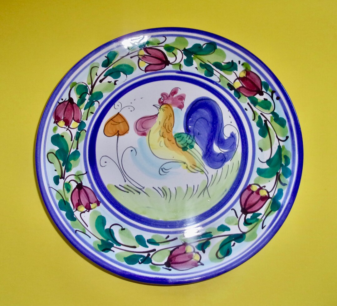 VIETRI ROOSTER PLATE Italy Vintage Hand Painted Terracotta Floral Vines ...